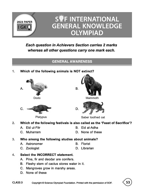 International General Knowledge Olympiad (IGKO) Workbook for Class 3 - MCQs & Achievers Section ...