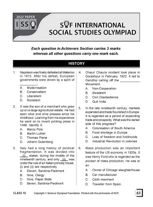 International Social Studies Olympiad (ISSO) Workbook for Class 10 - Chapterwise MCQs, Previous ...